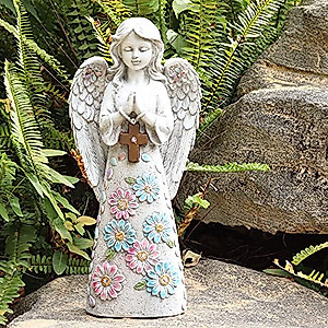 Voveexy Angel Garden Figurine Outdoor Garden Statue, Solar Garden Sculpture with 7 LEDs Welcome Sign Resin Praying Angel Art Garden Decor for Patio Lawn Yard Porch Decoration, Housewarming Garden Gift