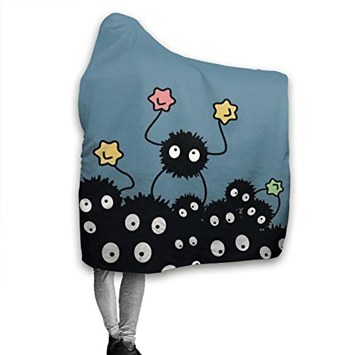 Jaxia Soot Sprites Hood Wearable Blanket for Adult Women and Men, Super Soft Comfy Warm Plush Throw with Sleeves Tv Blanket Wrap Robe Hoodie Cover for Sofa, Couch 50x40 Inch