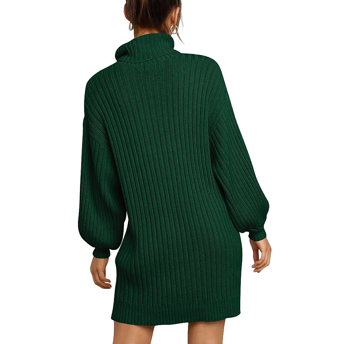ANRABESS Women Oversized Turtleneck Batwing Long Sleeve 2024 Fall Casual Baggy Loose Cozy Rib Knit Short Mini Sweater Dress Dark Green Small