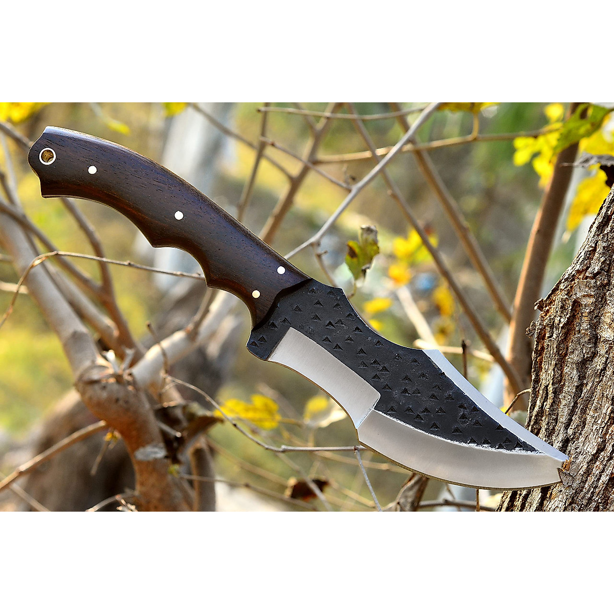 ALZAFASH Tracker Knife with Sheath, Handmade Hunting Knife, Full Tang Camping Knife with Wooden Handle, Hand-forged Steel Blade Knife, Survival Knife