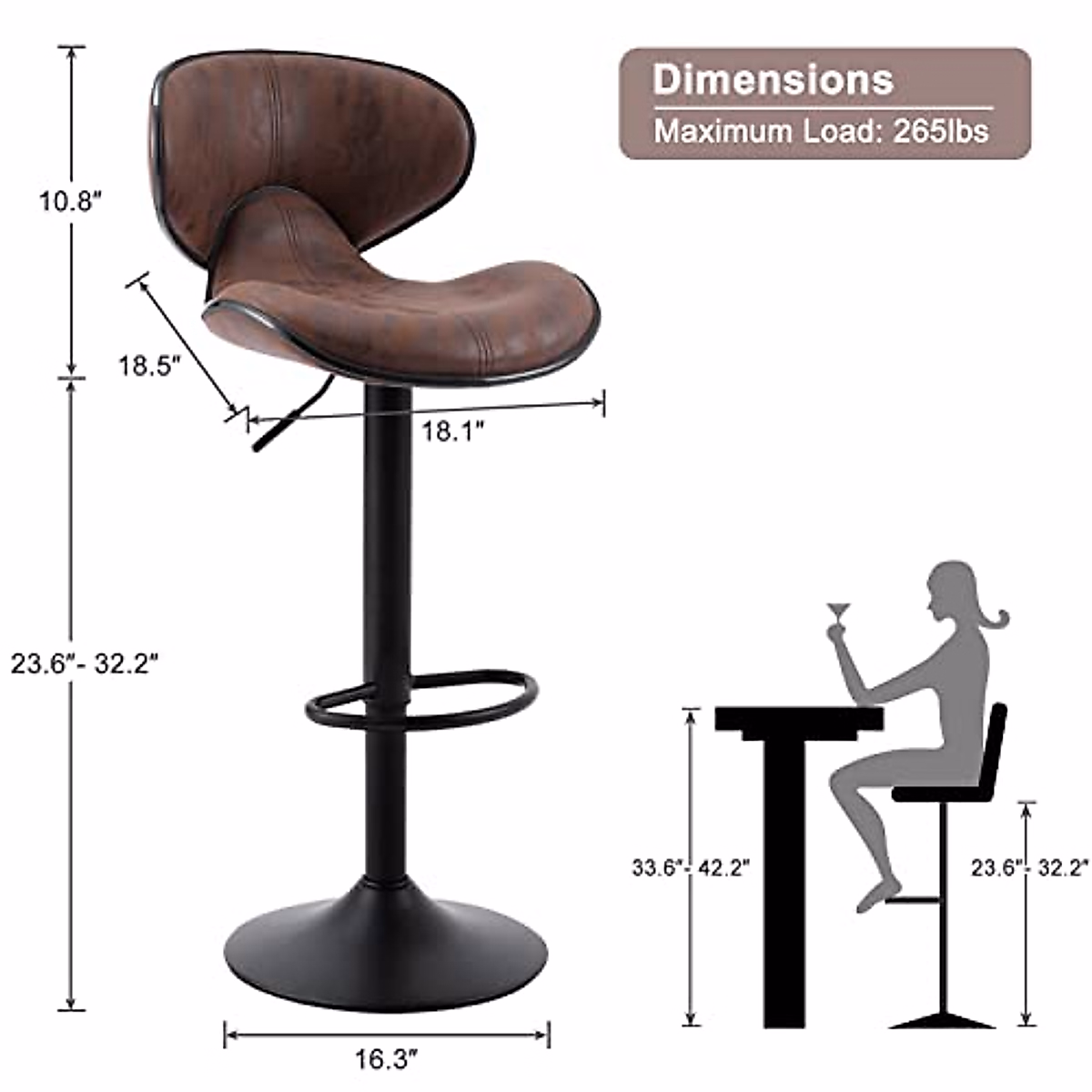 SUPERJARE Adjustable Counter Height Bar Stools Set of 2, Swivel Tall Kitchen Counter Island Dining Chair with Backs, 24” Armless Modern Bar Stool Chairs fit Counter Island from 32” to 44”, Retro Brown