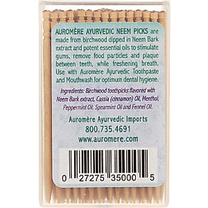 Auromere Ayurvedic Neem Toothpicks - Vegan, Natural, Non GMO, Made from Birchwood (100 Count), 2 Pack