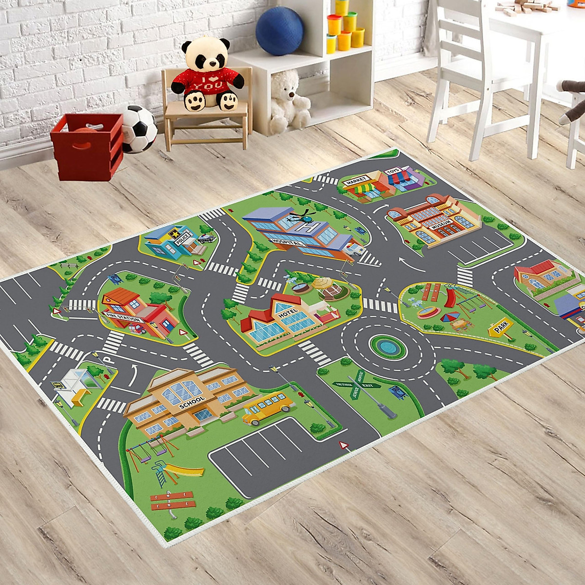 EVSOFMLF Road Play Map City Car Vehicle Traffic Educational Learning & Fun Game Area Non Slip Boy & Girl Kids Rug Carpet for Children Bedroom, Toddler Classroom & Baby Playroom Mat(Traffic 39*60 inch)