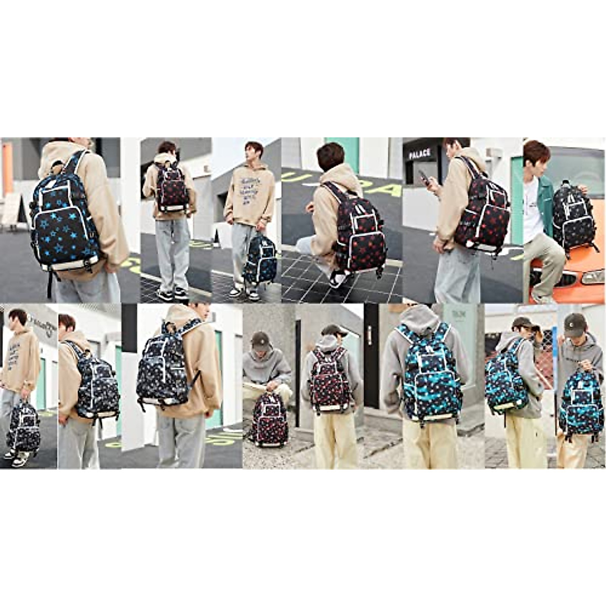 JiaYou Boys Junior Middle School Backpack Men USB High Middle School Laptop Bag Stars Pattern Casual Daypack(Color E,22 Liters)