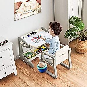 Costzon 2 in 1 Kids Table & Chair, Art Easel w/Adjustable Magnetic Painting Board, Storage Space, Art Supply Accessory, Children Convertible Activity Table Set for Drawing Reading Art Playroom (Gray)