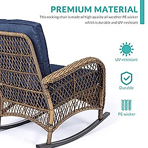 MEETWARM Outdoor Wicker Rocking Chair, Rattan Patio Rocker Chairs with Cushions and Steel Frame - Navy Blue