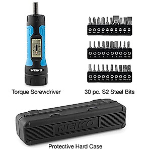 Neiko 10574A 1/4” Drive Torque Wrench Screwdriver Set, 30 Pieces of S2 Steel Philips, Hex, Slotted, and Torx Bits, 10 to 60 Inch-Pounds Torque Adjustment Range, Firearms Accurizing and Gunsmithing