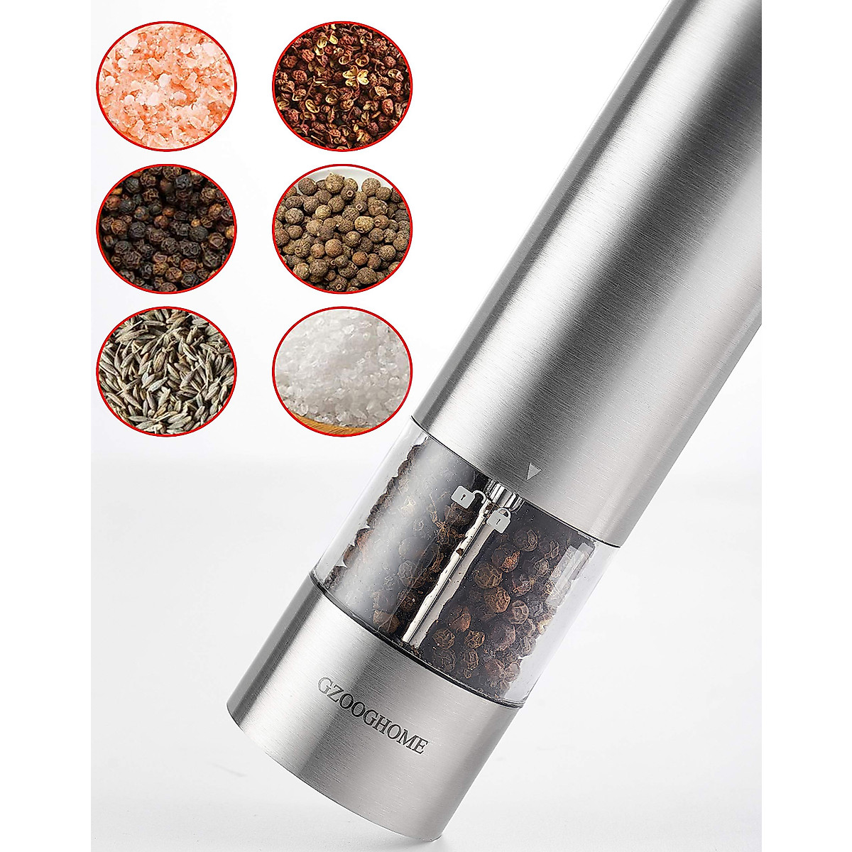 GZOOGHOME Electric Salt and Pepper Grinder Set - Battery Operated Automatic One Handed Salt Pepper Mill with Funnel and Bottom Cap - Ceramic Grinders with Lights and Adjustable Coarseness