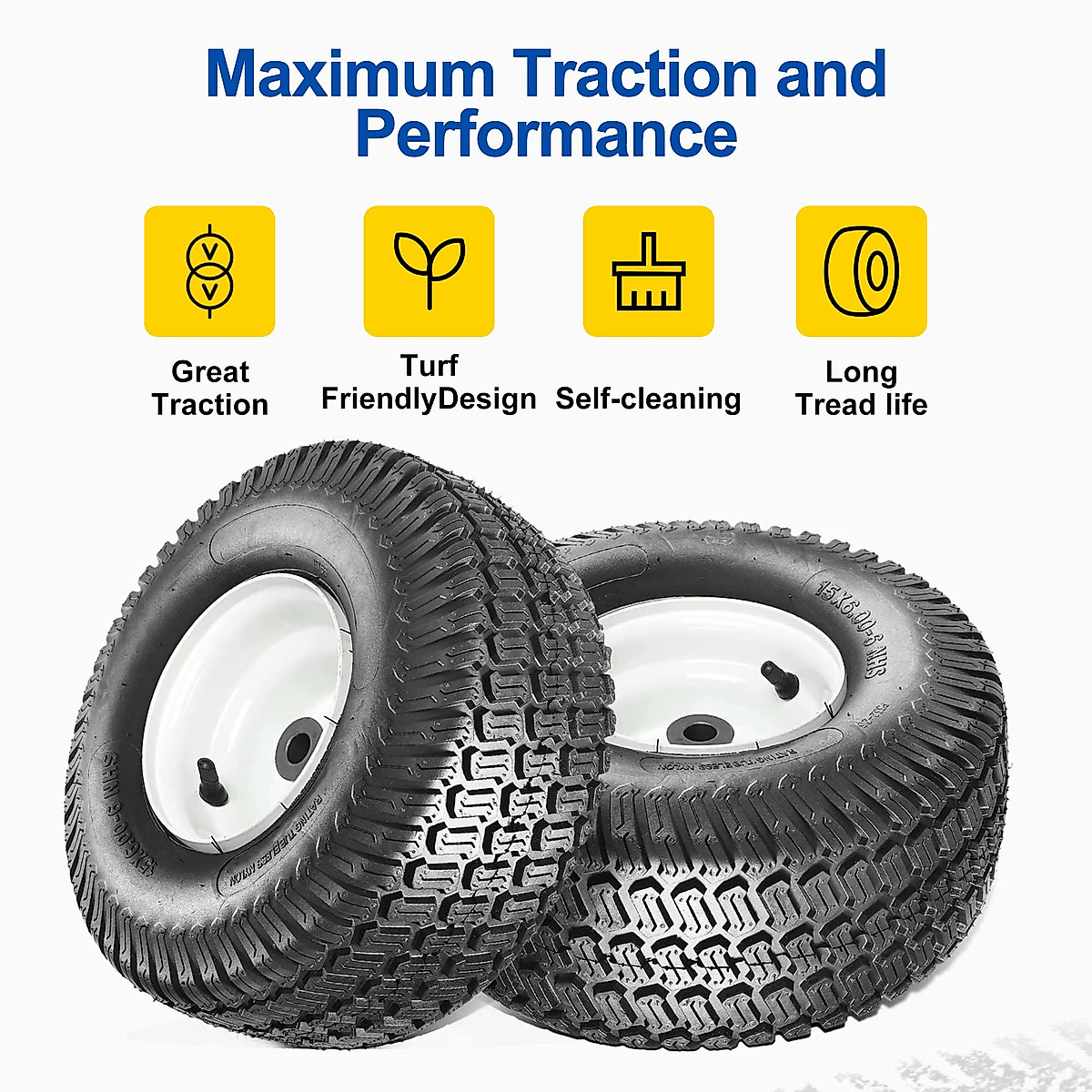 15x6.00-6 Lawn Mower Tires, Riding Lawn Mower Tires 15x6.00-6, 4 Ply Tubeless Lawn Tractor Tires, 3" Offset Hub Long with 3/4" Bushings, Pack of 2