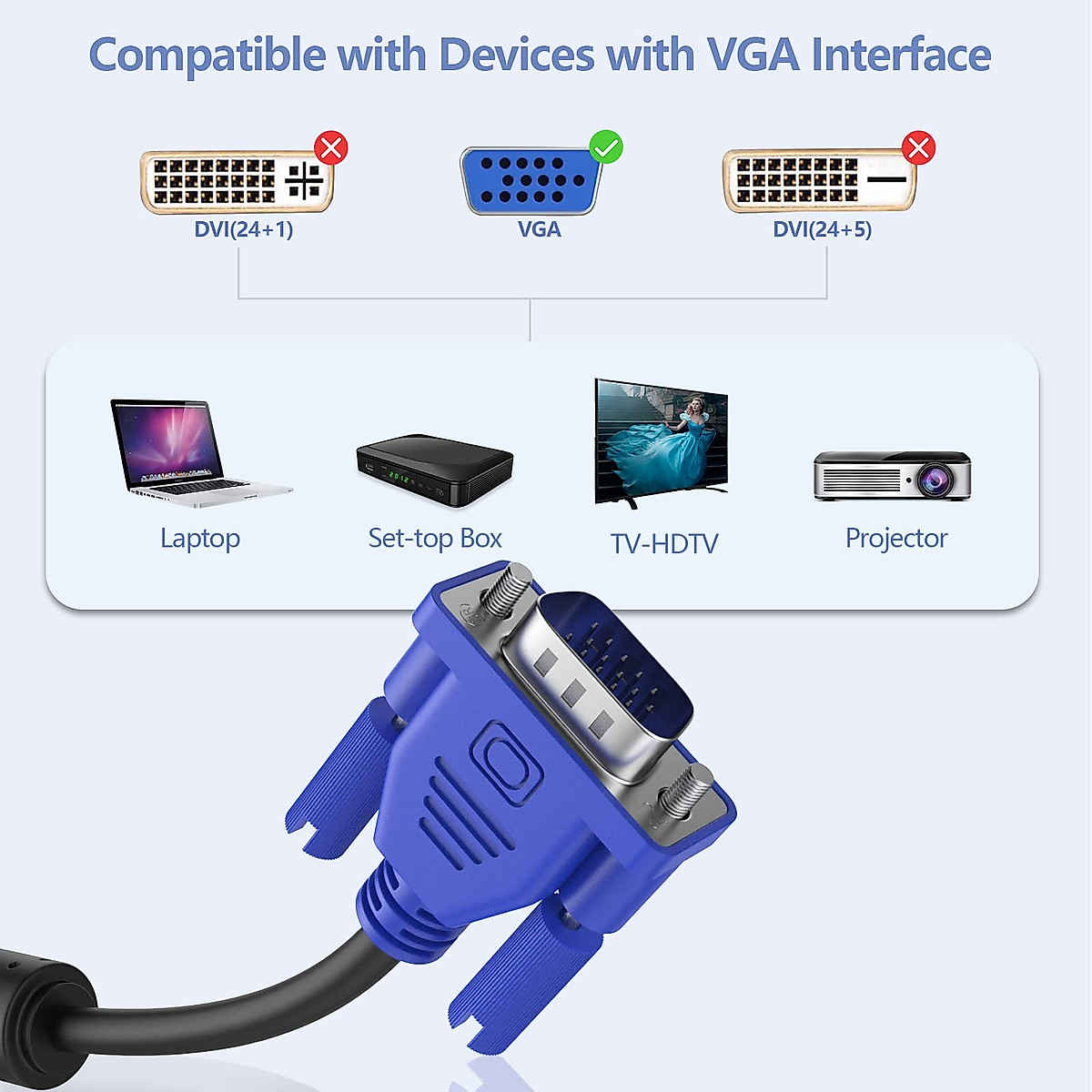 Weduda VGA to VGA Video Cable 6 feet/1.8m, 15 pin 1080P Full HD Male to Male Monitor Cable for Computer PC Laptops TV Projectors to Monitor Screen Projector with VGA Plug Port