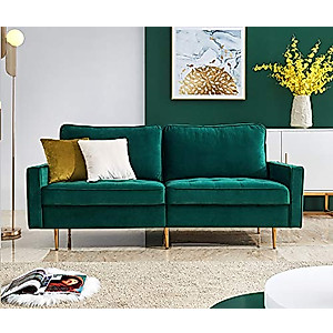 Rhomtree Mid Century Sofa Velvet Fabric Upholster Couch 71” Modern Sectional Futon Bench Loveseat Living Room Sofa with 2 Throw Pillows (Green)