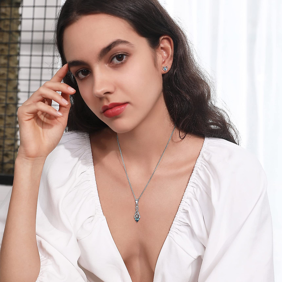 Bestyle Sterling Silver Earrings Heart Celtic Knot Stud with March Birthstone Synthetic Blue Aquamarine Crystal Birth Earrings Tiny Heart Stud Luck Irish Earrings Birthday Gifts