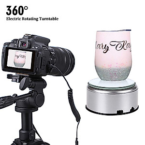 USLINSKY Cup Display Stand Turner For Epoxy Glitter Tumblers, Battery / USB Operated 360 Degree Rotating Display Base Turntable, Tumbler Spinner Machine Silver Mirrored Top for Bling Tumblers Mugs