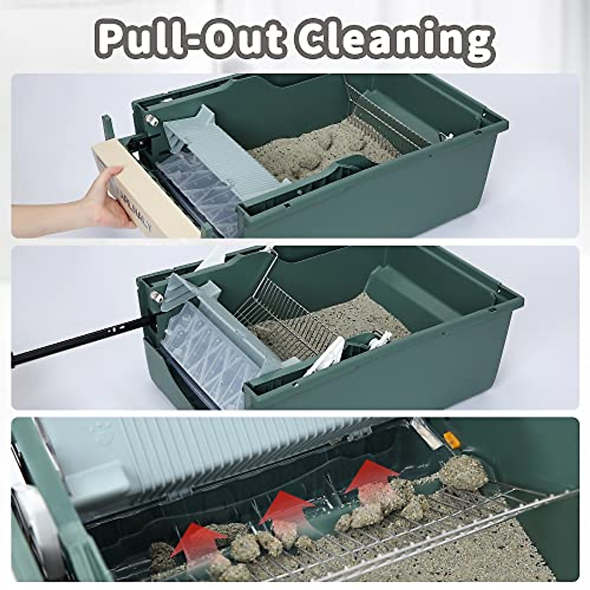 VARLNALY 3.0 Large Self-Cleaning Cat Litter Box, Pull-Out Non-Electric Automatic Cat Litter Box with Lid(24PCS Trash Box), One-Piece Base Prevents Urine＆Litter Leakage, Enclosed Isolates Odor(Green)