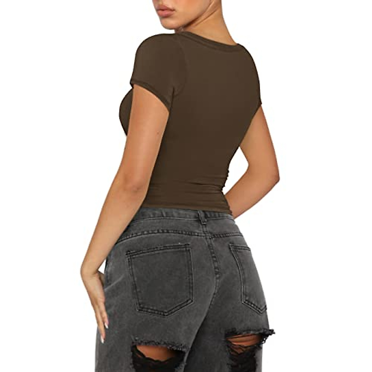 REORIA Women’s Summer Sexy Casual Henley V Neck Button Down Short Sleeve Going Out Y2K Ribbed Tshirts Crop Tops Coffee Large