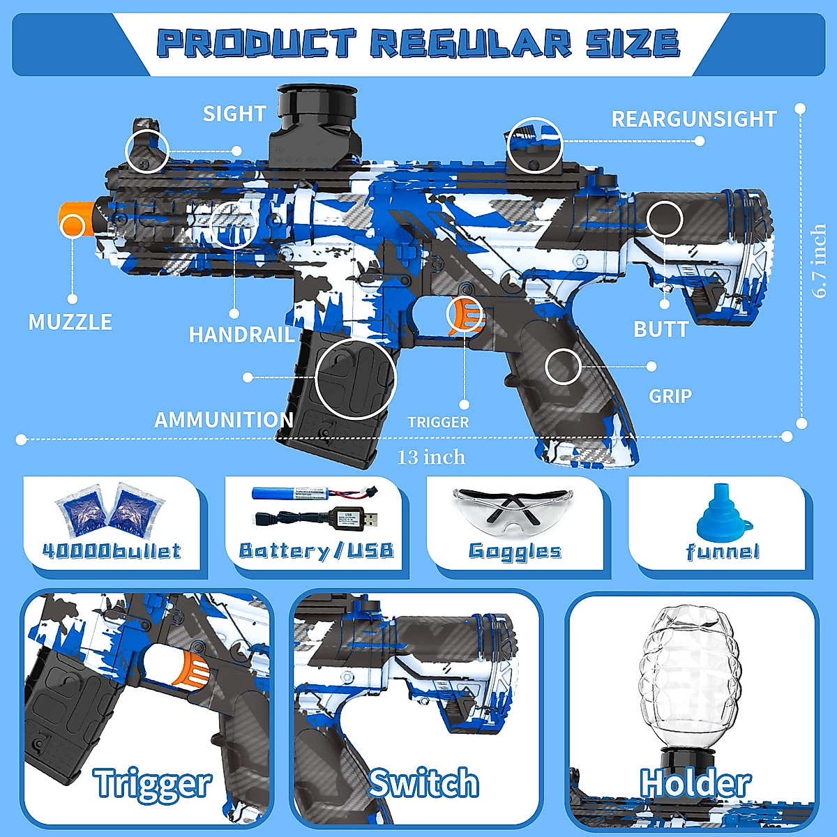 Electric Gel Ball Blaster, High Speed Automatic Splatter Ball Blaster with 40000+ and Goggles, JIFTOK Rechargeable Splatter Ball Toys for Outdoor Activities Shooting Game Party Favors-Blue