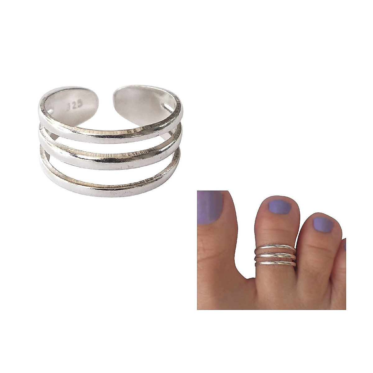 Handmade Silver Triple Band Adjustable Toe Ring, 925 Sterling Silver, Classic 3 Row Dainty Open Toe, Pinky or Knuckle Rings for Women, By MiYa Jewelry Creations