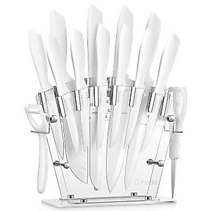 Knife Set, D.Perlla 16 Pieces White Kitchen Knife Set with Acrylic Stand, High Carbon Stainless Steel, Non Stick Coated Knife Block Set, No Rust, Non Slip Handle, Sharp Knife
