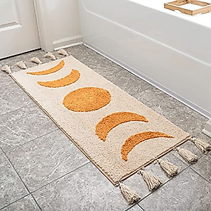 LABEND HOME Half Moon Bohemian Area Rugs, Moon Phases Bath Mat with Tassels for Bathroom, Bedroom, College, Dorm, Boho Room Décor, Beige Neutral Creamy Orange 20x60