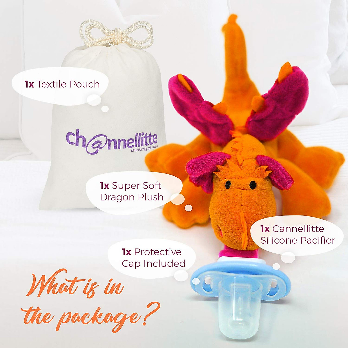 Baby Pacifier Holder Stuffed Animal with Detachable Binky – Fits All Baby Pacifiers with Ring for 0-6 Months & Up – Easy-To-Find Stuffed Animal Pacifier – Soft Dragon Pacifier Stuffed Animal Plush Toy