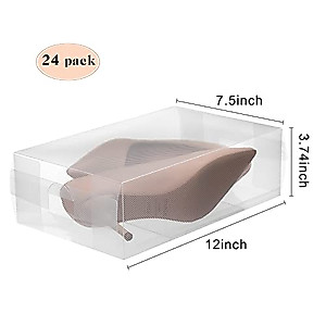 24 Pcs Women's Shoe Box Clear Plastic Stackable Shoe Storage Organizer Foldable Heavy Duty Shoe Containers for Closet Apartments Small Spaces Dorm Bedroom, 12 x 7.5 x 3.7 Inches
