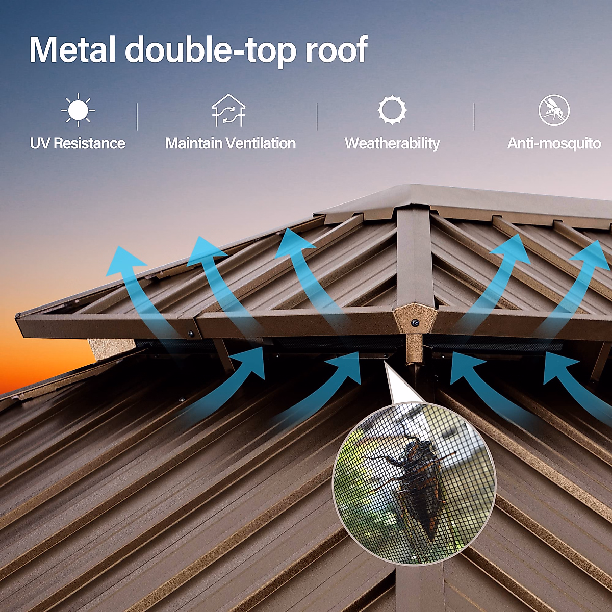 LAUSAINT HOME 12x16 ft Metal Gazebo with Curtains and Nettings for Patios, Waterproof Permanent Heavy Duty Metal Double Roof Pavilion with Brown Aluminum Frame for Lawn, Party