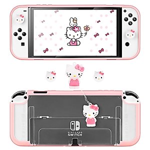DLseego Clear and Pink Switch OLED Protective Case Scratch Resistant Cover Shell with Kitty Cat Thumb Grips Caps and Charm
