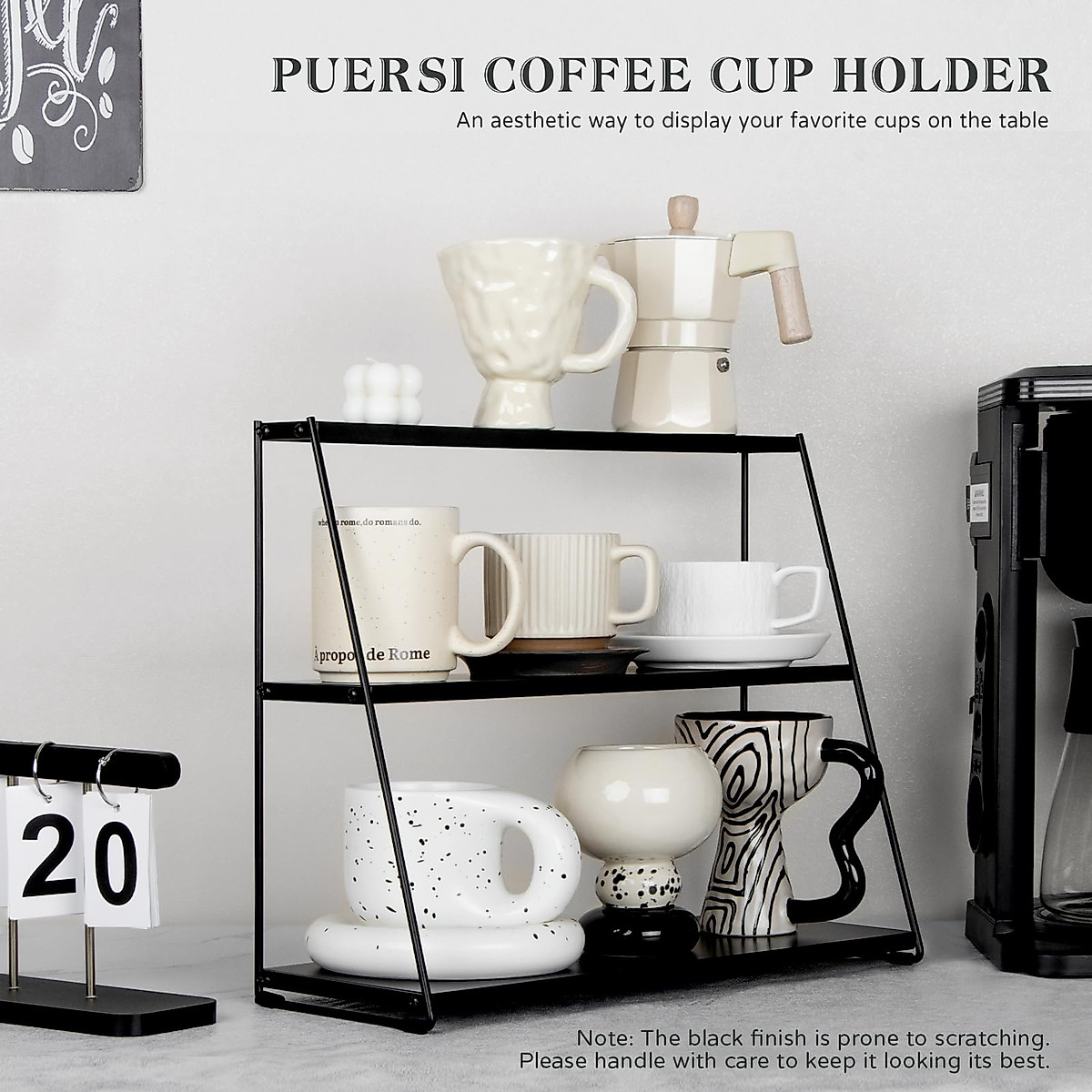 PUERSI Coffee Mug Holder, Mug Display Rack for Countertop, Metal Coffee Cup Holder, 3 Tier Mug Shelf for Coffee Bar, Coffee Station Accessories, Coffee Bar Organizer for Kitchen, Office, Home - Black