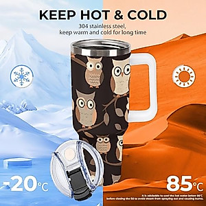 LLUTSNTH 40 Oz Vacuum Tumbler with White Handle Leakproof Insulated Tumbler Cute Brown Cartoon Owls Stainless Steel Travel Mug with Lid And Straw Coffee Cup Cute Water Bottles Cup Holder Friendly