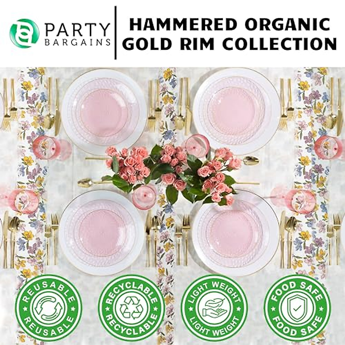 PARTY BARGAINS 7" & 10" Organic Collection Hammered Salad and Dinner Plates Combo with Gold Rim – Transparent Pink, 32-Pack Disposable Plastic Tableware for Birthdays, Banquets, and Formal Events