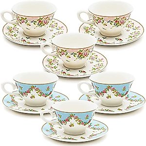 Set of 6 Vintage Floral Tea Cups and Saucers for Tea Party Supplies (Blue, Pink, 8oz)