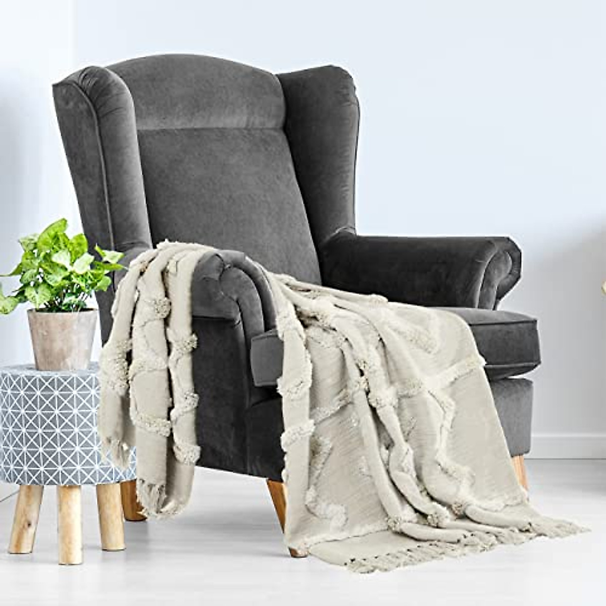 Americanflat 100% Cotton Throw Blanket for Couch - 50x60 - All Seasons Neutral Medium-weight Cozy Soft Blankets & Throws for Bed, Sofa or Chair.door or Outdoor Use [Beige Tufted Cotton]