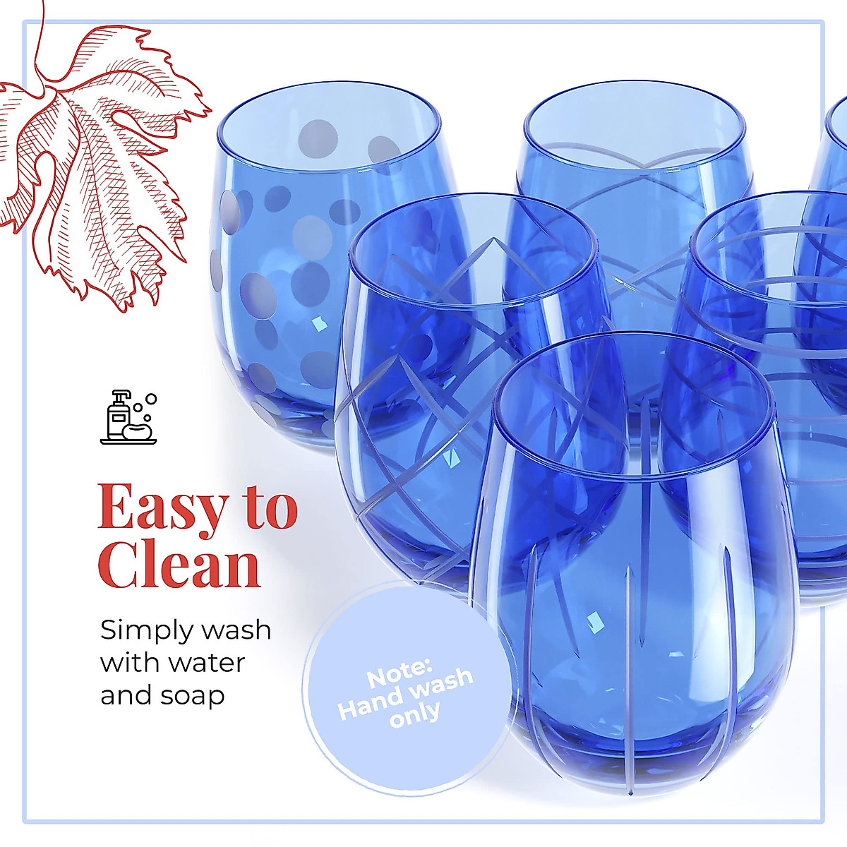 American Atelier Medallion Stemless Wine Glass Set of 6, 17 oz, Etched Patterns, Textured Glass Cups, Glasses for Red or White Wine, Stemless Goblets, Fifth Avenue Crystal, Blue