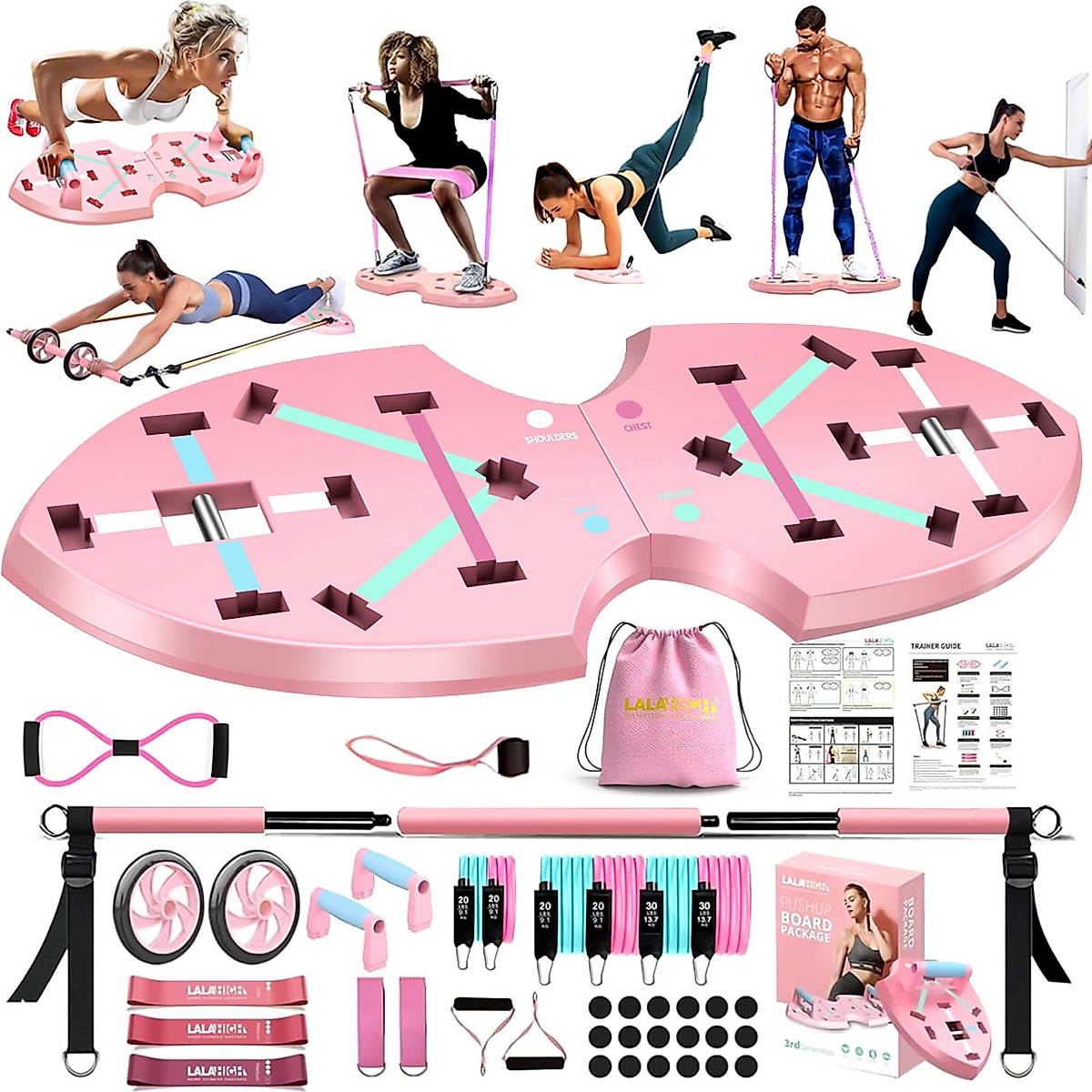 LALAHIGH Home Workout Equipment for Women, Multifunction Push Up Board, Portable Home Gym System with Resistance Bands,Ab Roller Wheel, and 20 Gym Accessories, Professional Strength Training Exercise