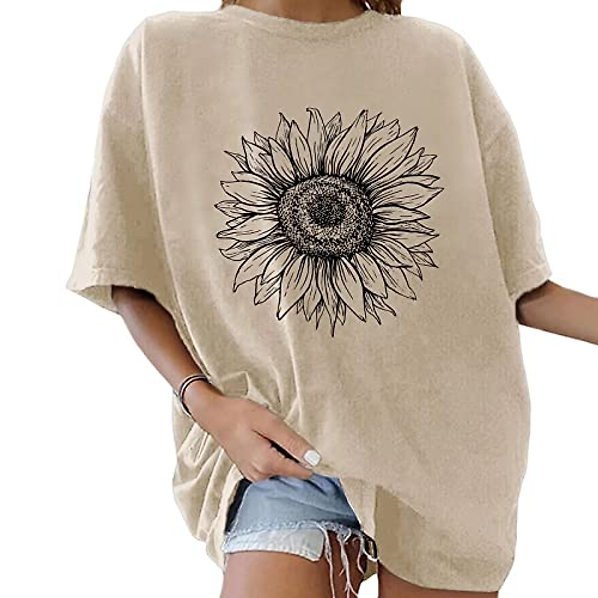 ORANDESIGNE Women’s Casual Graphic Print Short Sleeve Tunic Tops Round Neck Tee Oversized Sunflower T Shirts