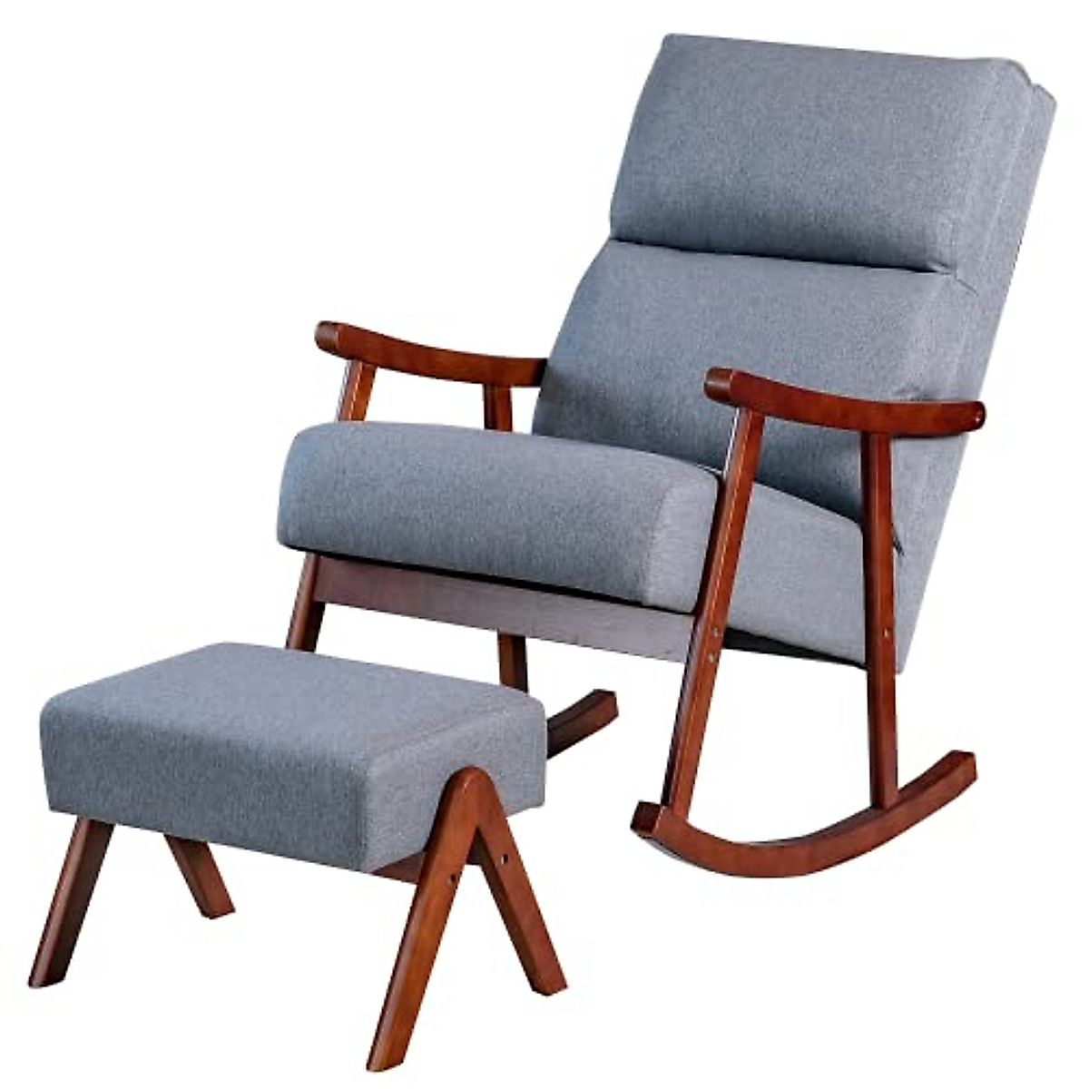 HOMREST Rocking Chair, Mid-Century Modern Upholstered Fabric Rocking Armchair with Ottoman & Thick Padded Cushion for Living Baby Room, Bedroom(Gray)