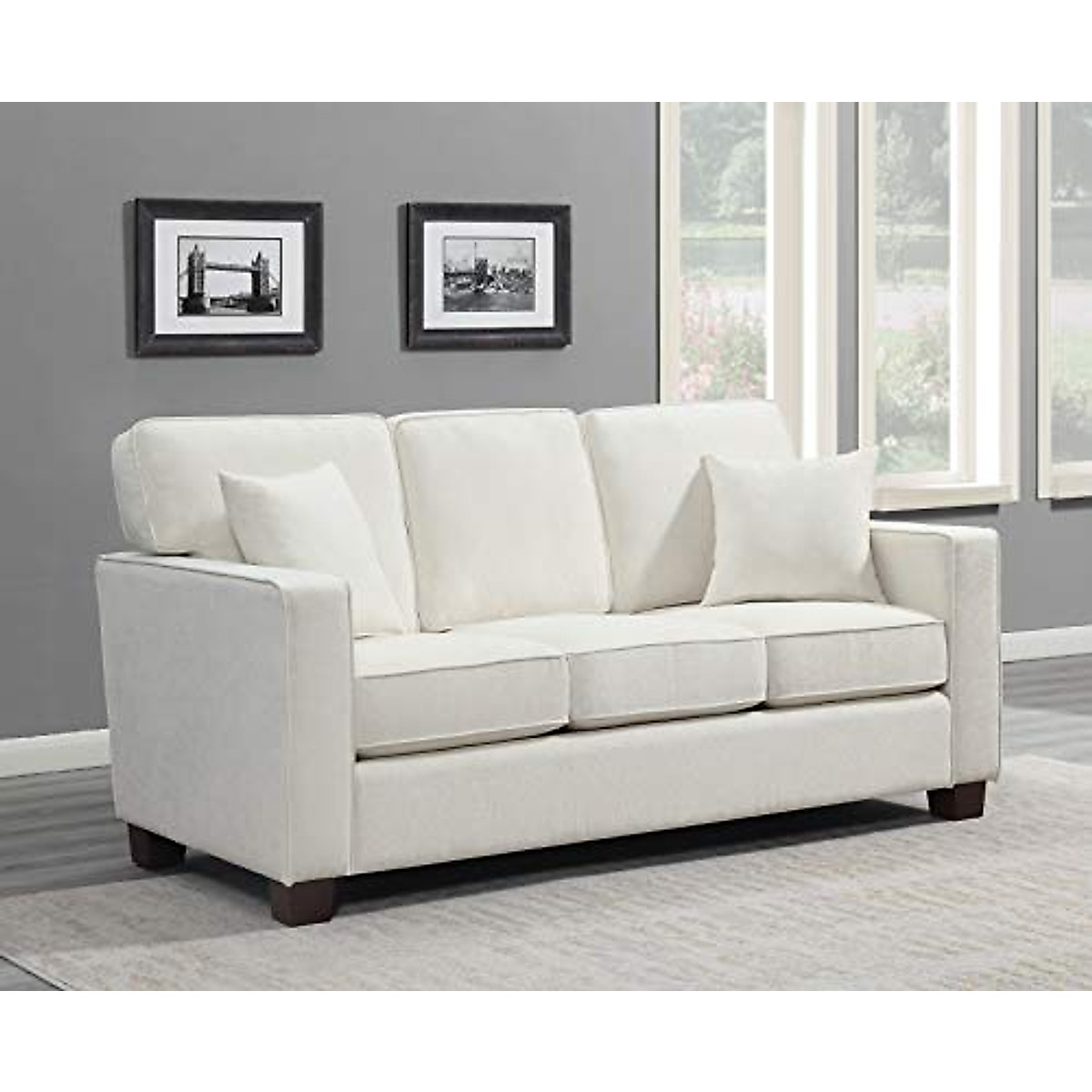 OSP Home Furnishings Russell 3 Seater Sofa with 2 Pillows and Coffee Finished Legs, Ivory
