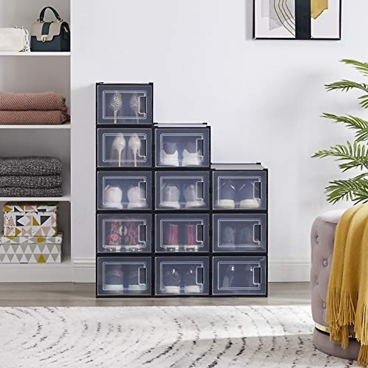 sweetgo 12 Pcs Stackable Shoe Storage Boxes - Front Entry and Clear Plastic, Shoe Container and Sneaker Display Box for Closets and Entryway, Foldable Shoe Organizer for Men & Women Shoes (Black)