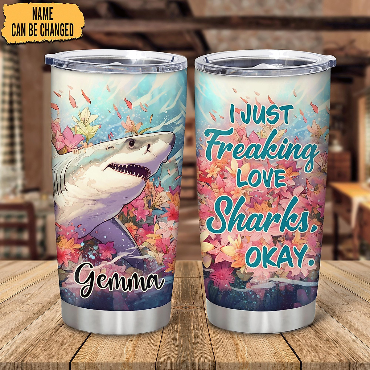 Hyturtle Personalized Gifts Shark Lover - I Just Freaking Love Sharks Customized Name Stainless Steel Tumbler 20 oz With Lid - Idea Cute Sea Animal Lover Gifts For Women, Girl On Birthday, Christmas