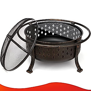 SINGLYFIRE 36 Inch Fire Pits for Outside Large Outdoor Wood Burning Crossweave firepit Heavy Duty Steel Bronze Bonfire Pit for Patio Backyard Garden with BBQ Grate,Spark Screen,Log Grate,Poker