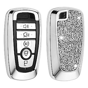 Royalfox 3 4 5 Buttons 3D Bling Diamonds Smart keyless Entry Remote Key Fob case Cover for 2017 2018 Ford Mustang Explorer Edge Fusion F150 F250 F350 F450 F550 (Silver)