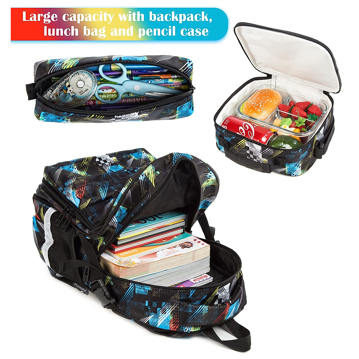 MOHCO Kids Backpack 16 in School Bookbag with Insulated Lunch Box Pencil Case Lightweight Student Bookbag for Girls and Boys