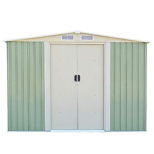 Goplus® Galvanized Steel Outdoor Storage Shed 8.5X 8.5Ft Heavy Duty Tool House W/Sliding Door for Garden Lawn(Light Green)
