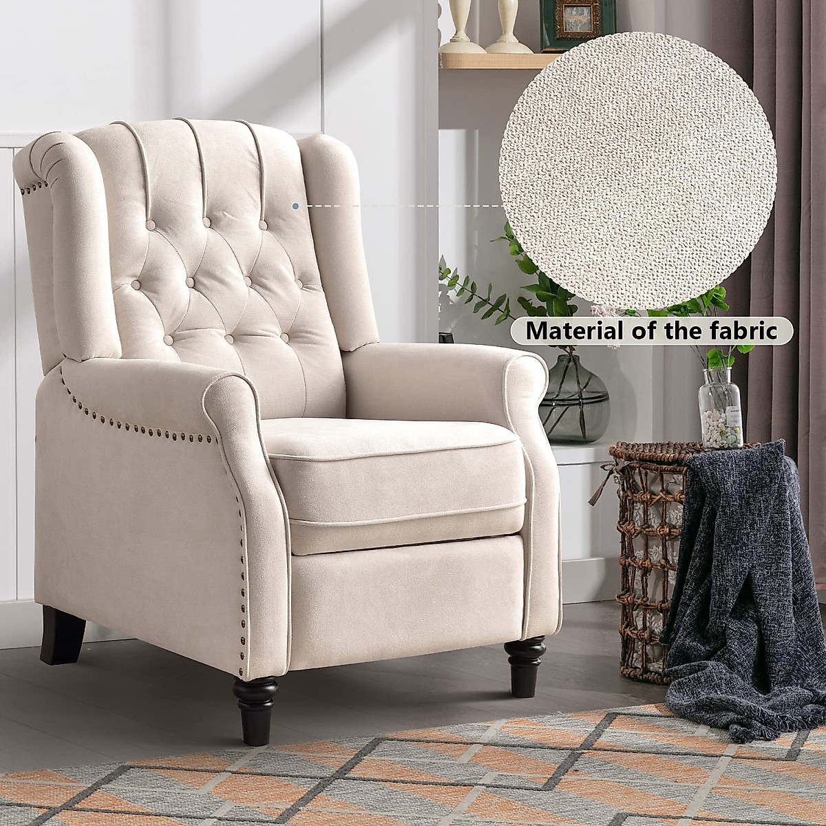 CANMOV Push Back Recliner Chair, Elizabeth Fabric Recliner Armchair with Wing Back, Padded Seat and Nailhead Trim, Tufted, Single Sofa Accent Chair, White