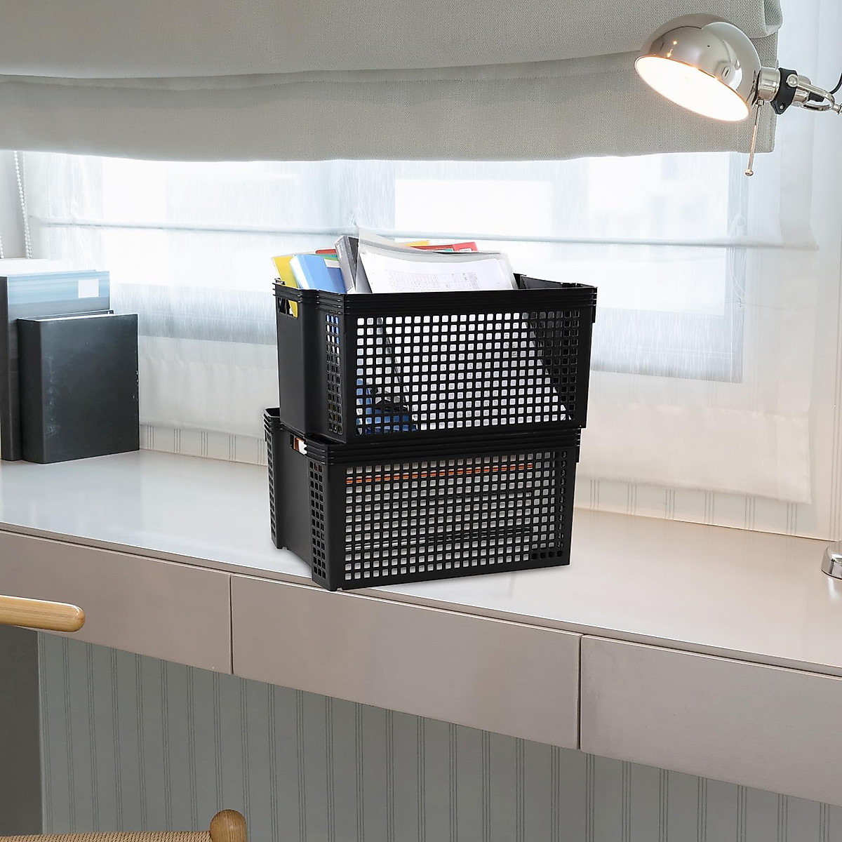 Obstnny 6-Pack Large Plastic Storage Baskets, Stackable Storage Basket Bin, Black