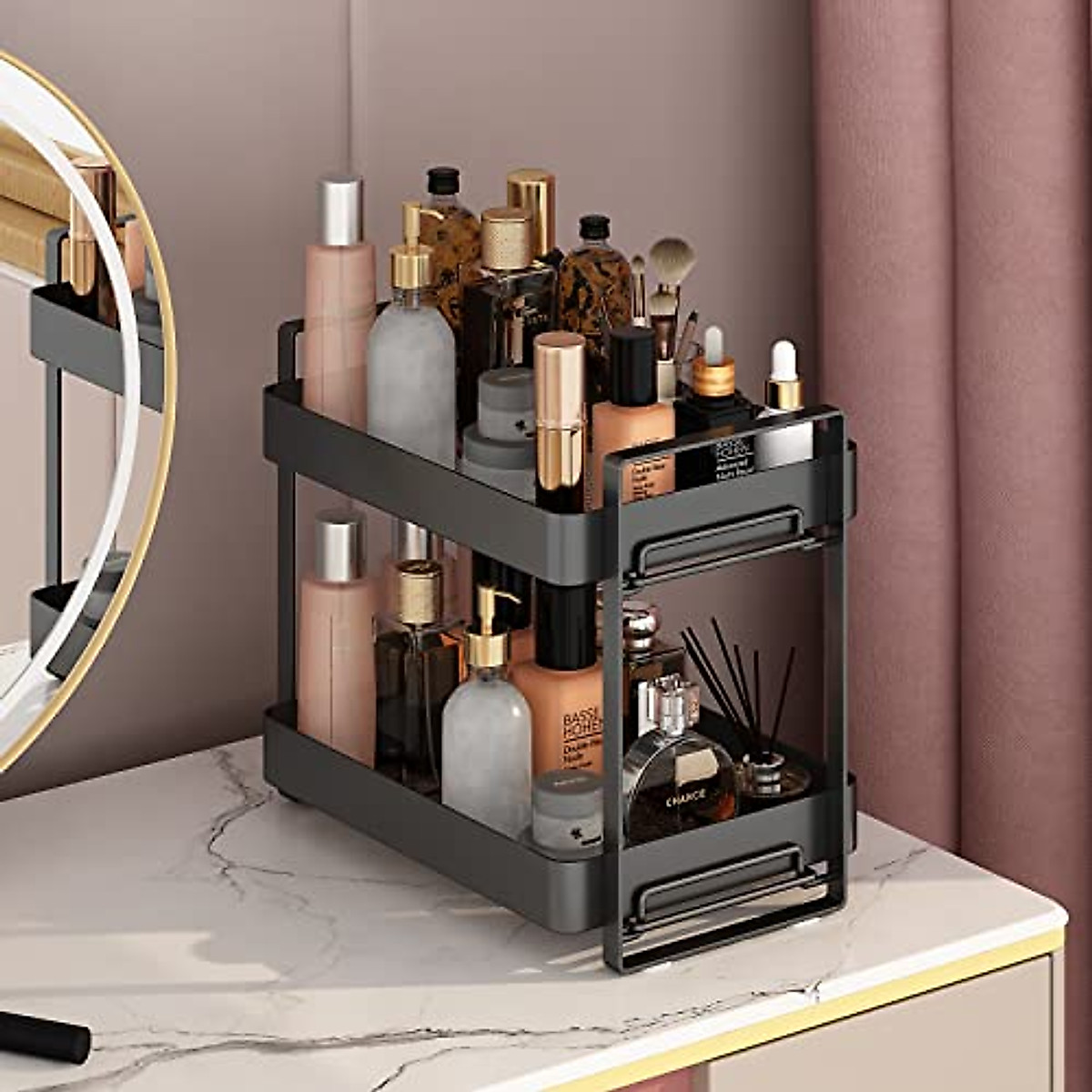 GILLAS 2 Tier Bathroom Counter Organizer, Makeup and Cosmetic Organizer Rack, Bathroom Vanity Storage Tray, Counter Standing Holder Shelf, Black Large