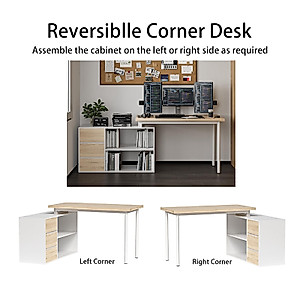 Mekminop L Shape Computer Desk with 3 Drawers and 2 Shelves, Home Office Desk Corner Small Desk with Storage Cabinet for Writing Study Executive – Walnut and White