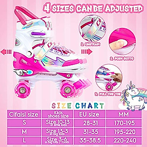 Roller Skates for Girls Boys Kids, Black Pink Purple 4 Sizes Adjustable Kids Roller Skates with Light up Wheels and Shining Upper Design, Roller Skates for Toddler Kids Ages 4-13
