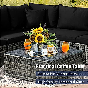 SLNFXC 7PCS Patio Rattan Furniture Set Sectional Sofa Garden Black Cushion Corner Sofas and Single Sofas