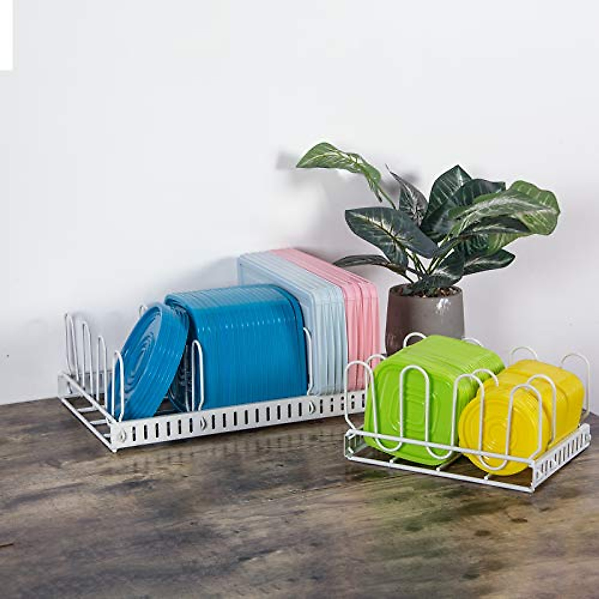 Double-side Expandable Food Container Lid Organizer,Super Large Capacity Adjustable 12 Dividers Detachable Lid Organizer Rack for Countertop,Cabinets, Cupboards, Pantry Shelves, Drawers(White)